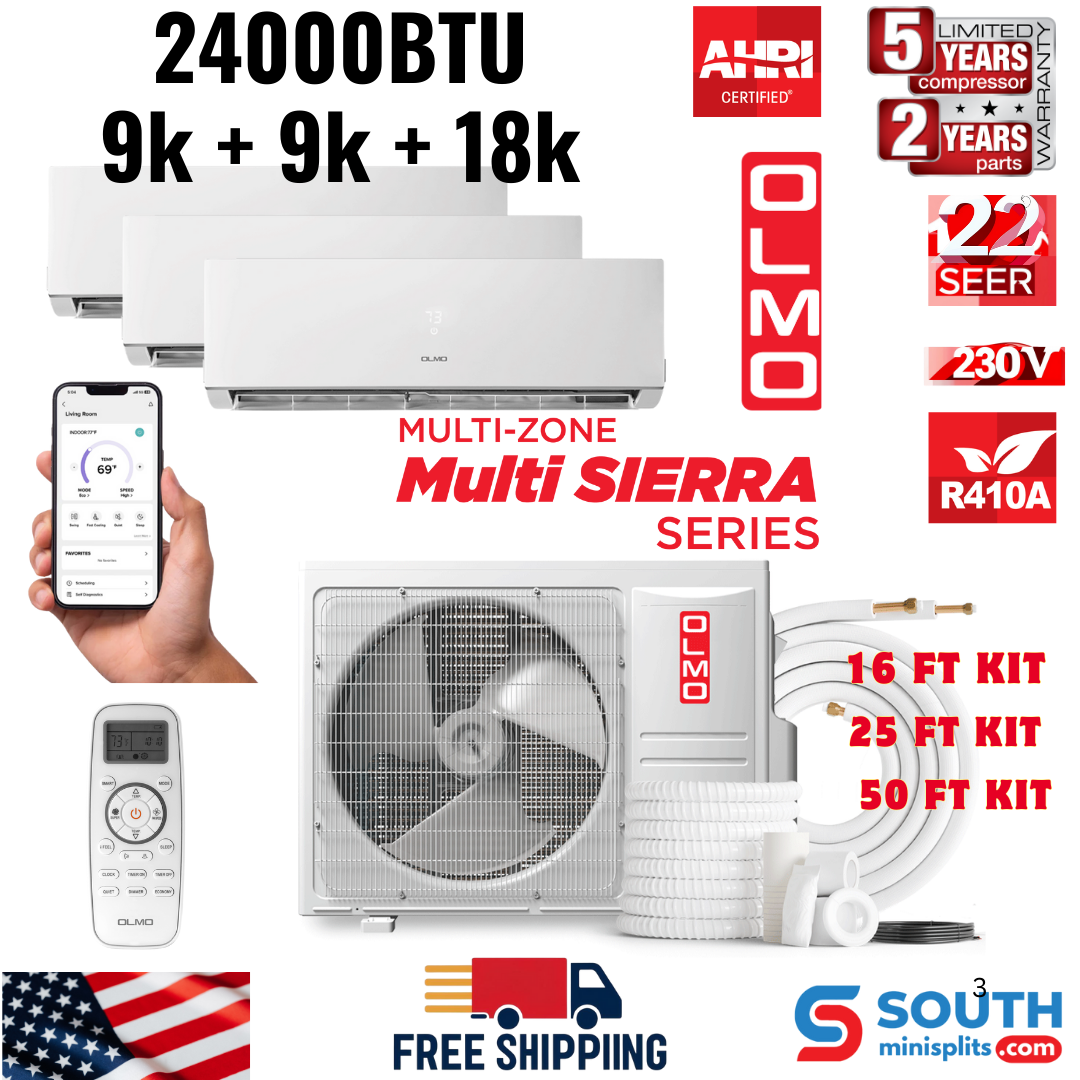 3 Zone (3 Heads) OLMO Sierra Multi-Zone 24,000 BTU, R410A, Tri Zone 9K ...